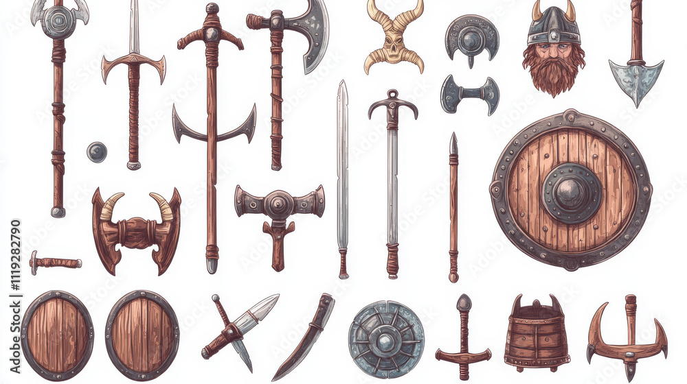 Viking game props icons, medieval battle ship, mace, horned helmet, sword, bow and shields ...