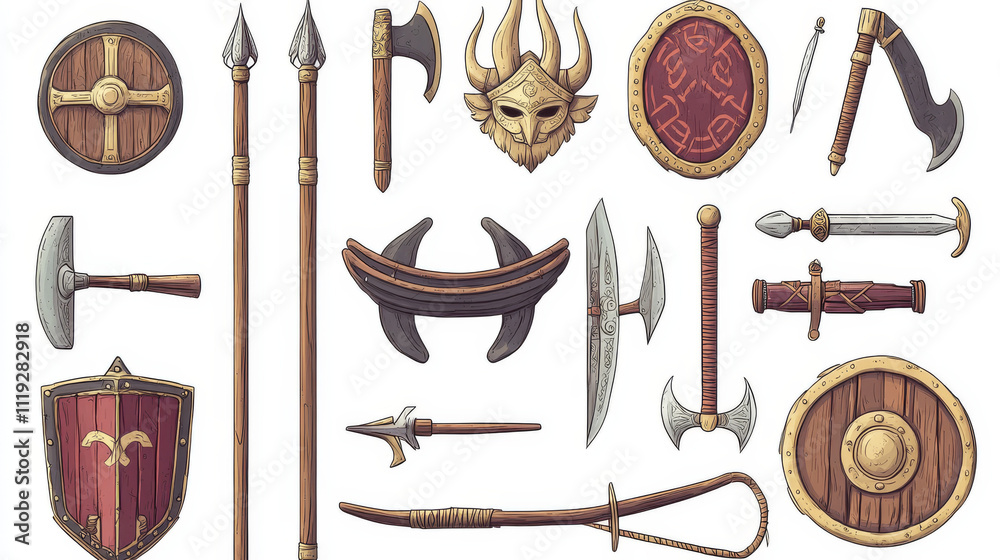 Viking game props icons, medieval battle ship, mace, horned helmet, sword, bow and shields ...