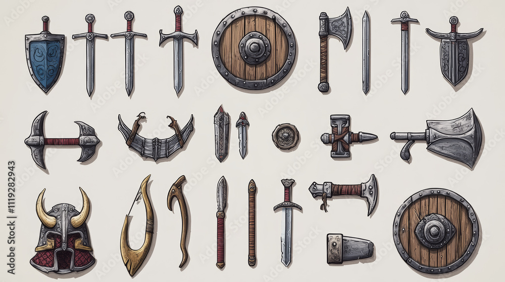 Viking game props icons, medieval battle ship, mace, horned helmet, sword, bow and shields ...