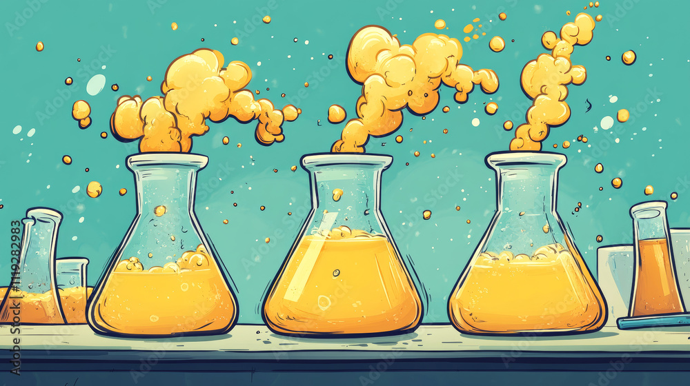 Stages of chemical reaction in lab flask, science experiment with ...