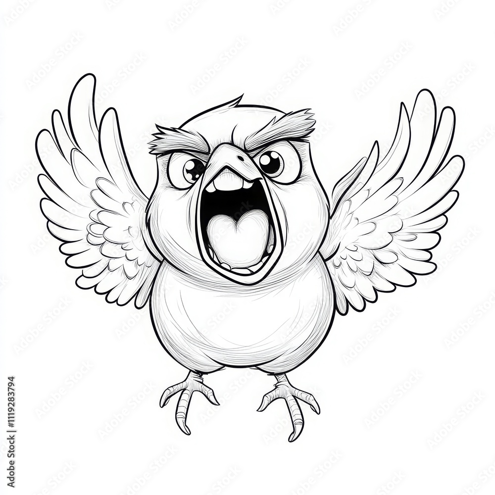 Kawaii Bird Roaring in Stressful Coloring Page Design Stock Photo ...