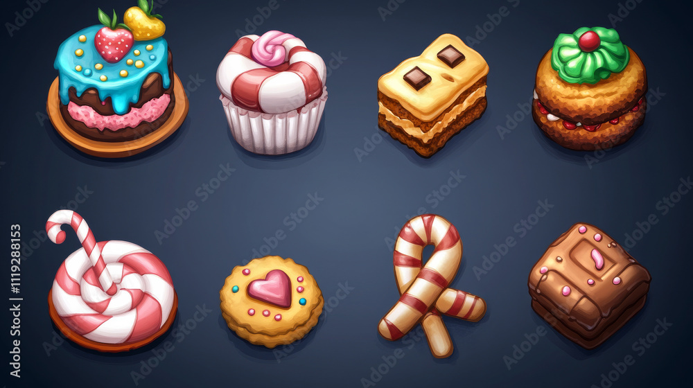 Candy game icons big set, cartoon vector sweets ui elements. Caramel ...