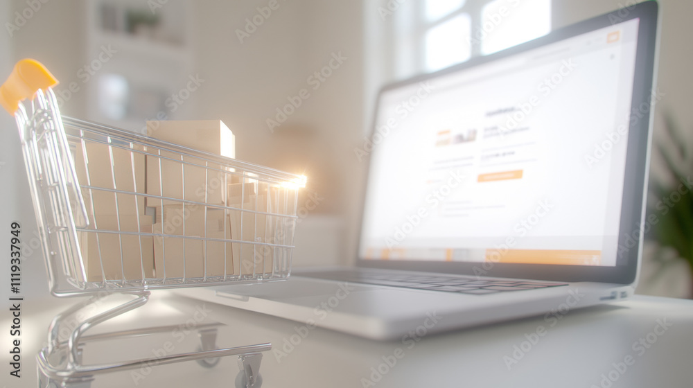 Shopping Cart With Packages Beside Laptop Displaying Online Store ...