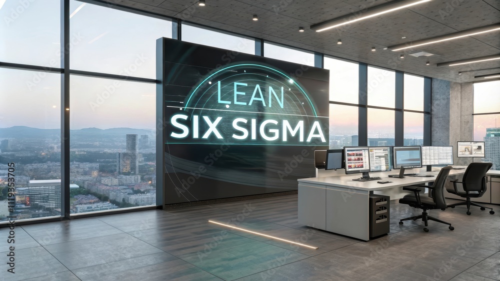Six Sigma and DMAIC concept. Modern office with Six Sigma display and ...