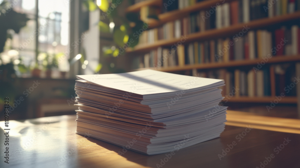 stack of thin, bound company brochures rests on wooden table ...