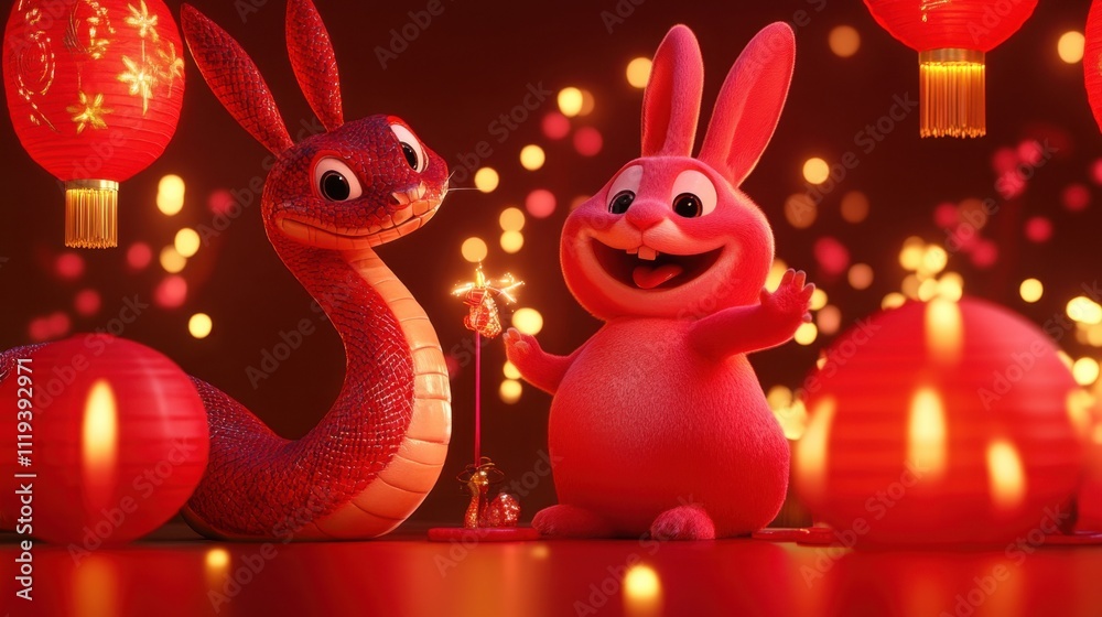 Cute cartoon snake and rabbit (2023-2024 transition) celebrating ...