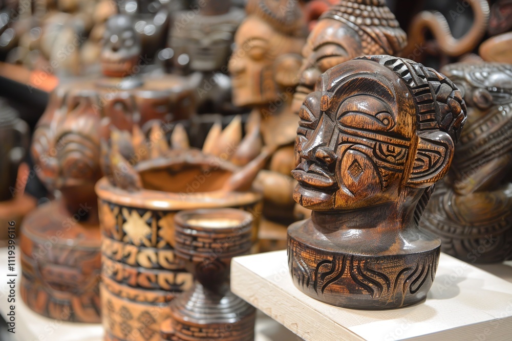 Hand-carved wooden artifacts displayed alongside brass and silver items ...