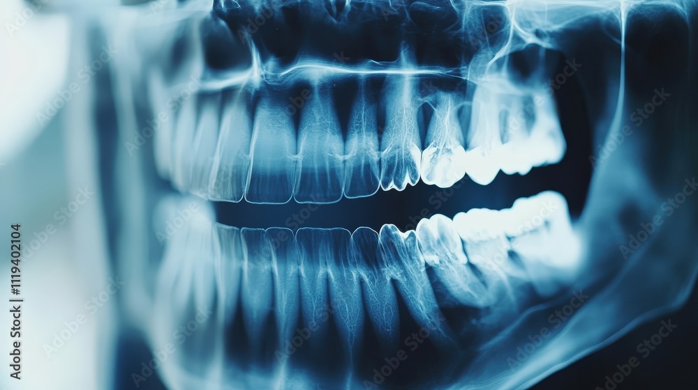 A detailed X-ray image showing the structure of human teeth and jaw ...