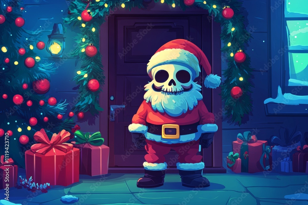 A skeletal figure in a Santa suit stands by a Christmas tree, casting a ...