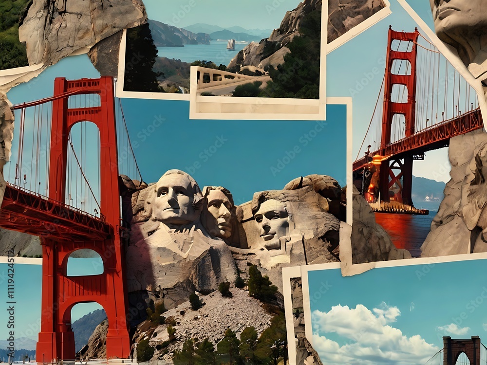 Iconic American Landmarks Collage Featuring Bridges and Presidents ...