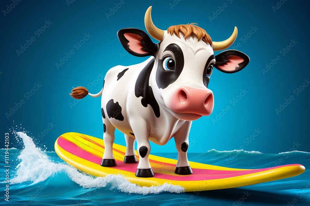 cartoon cow on a surfboard in the ocean with a blue background Stock ...