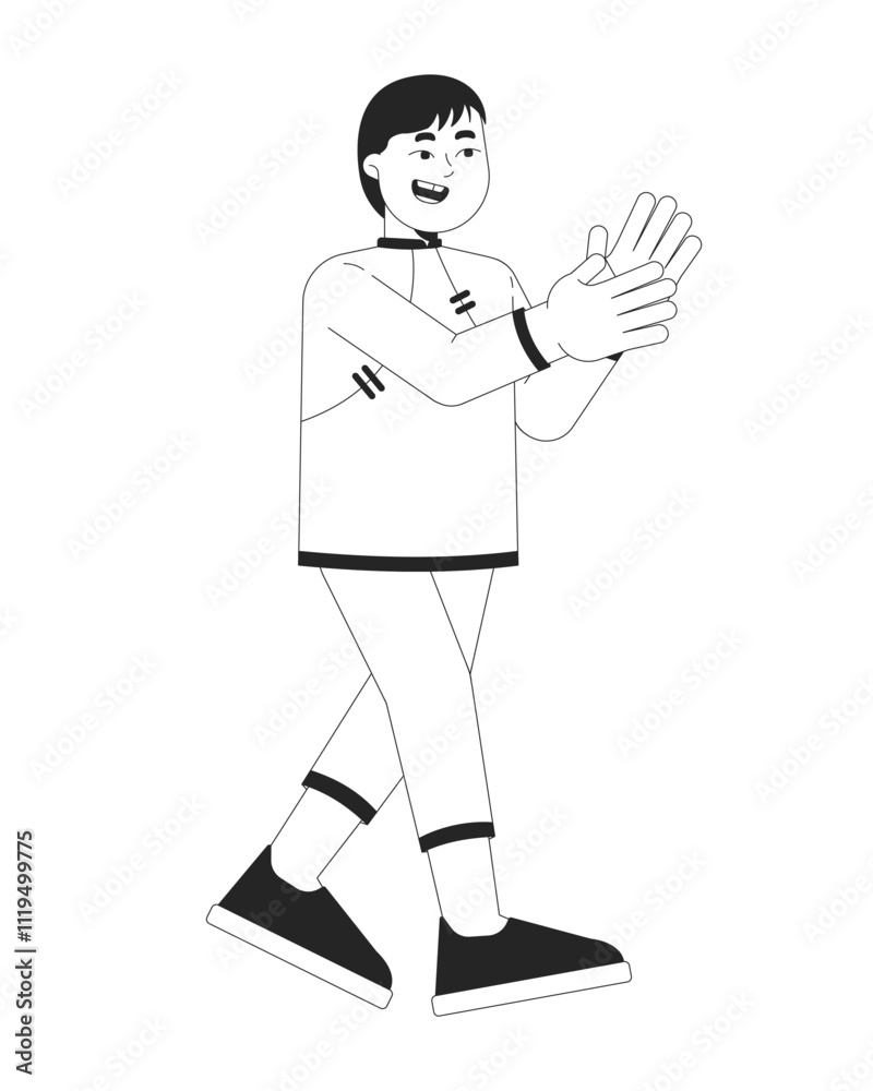 Chinese male child in spring festival costume clapping hands black and ...