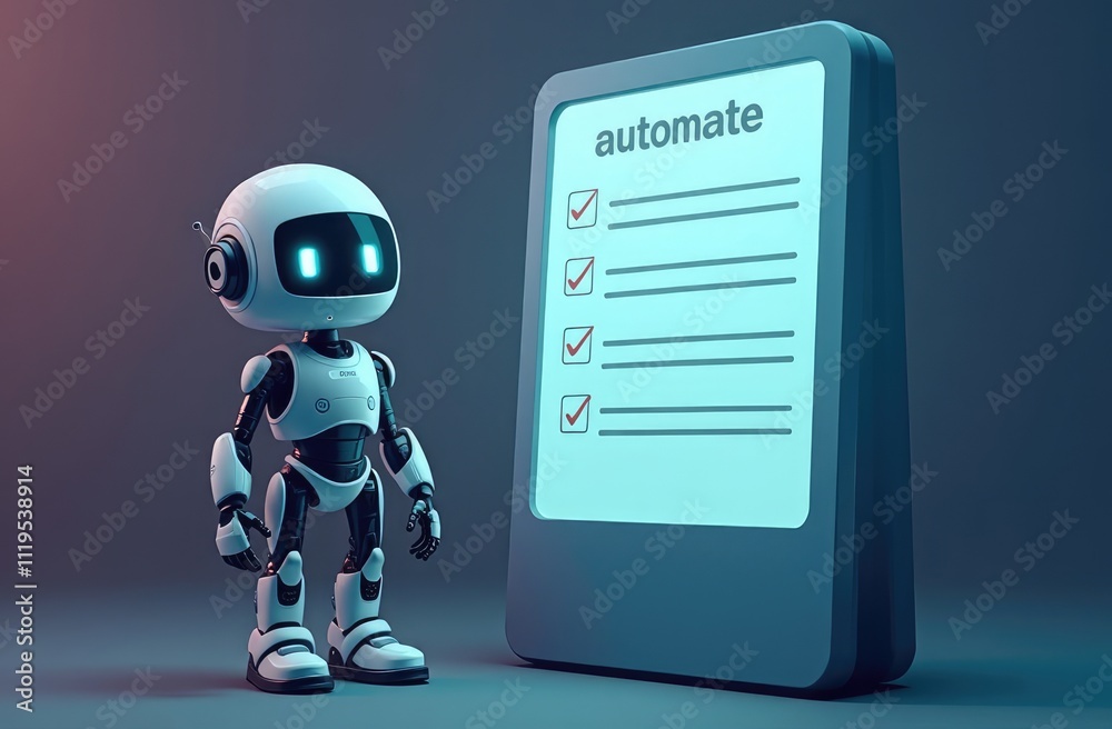 robot standing next to checklist with finished tasks, cartoon illustration. automation tools ...