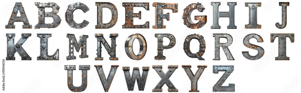 Pack A to Z alphabets Industrial Steel Style set over Transparent ...
