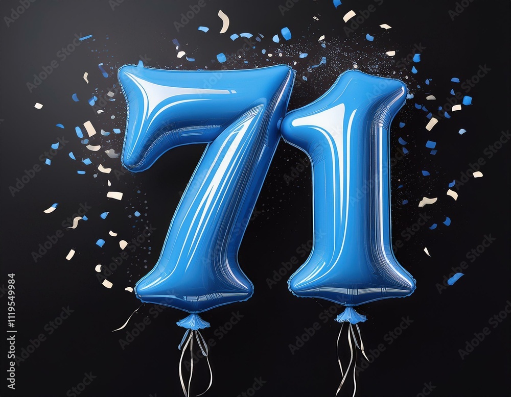 Blue birthday / anniversary balloon, number 71, black background with ...