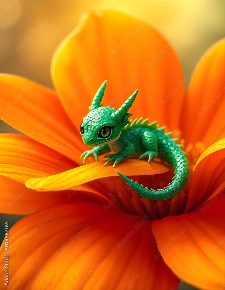 Tiny green dragon on orange flower suitable for childrens book ...