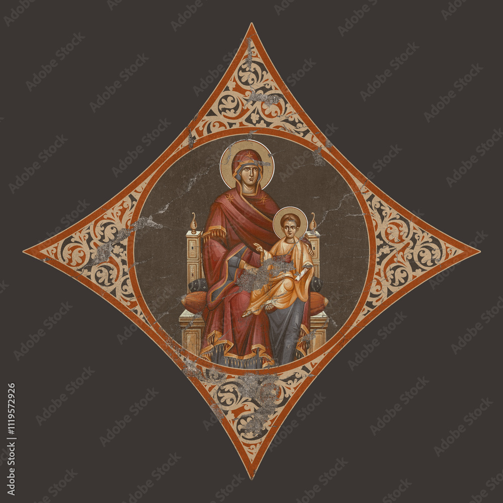 Decorative vintage element with Blessed Virgin Mary and Jesus Christ ...