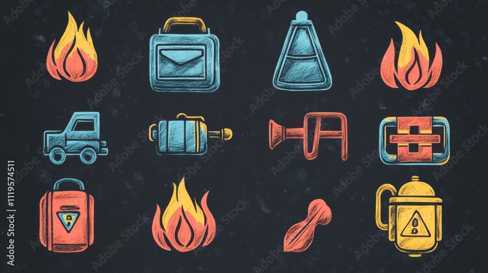 fire protection icons in elementary school art style, chalk crayon ...