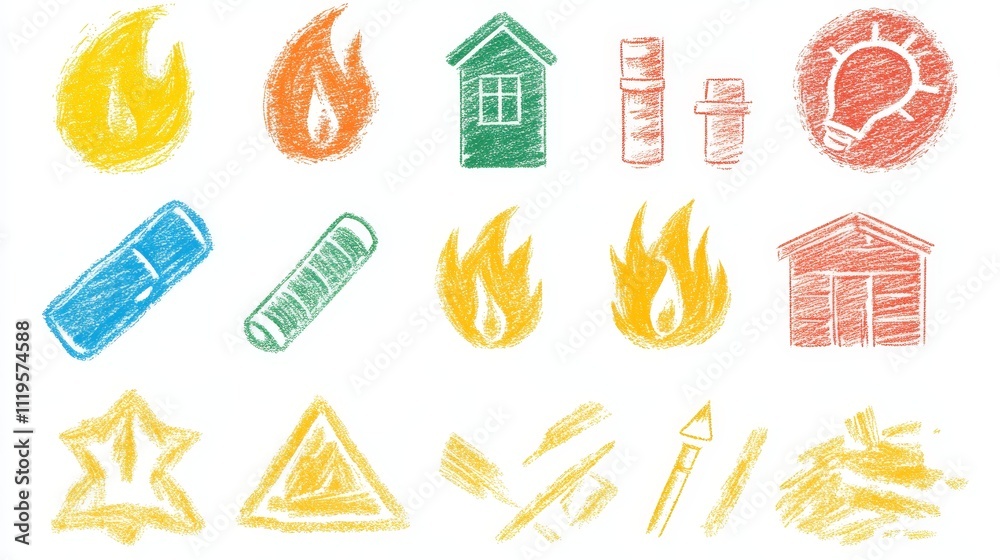 primitive fire safety pictograms, children's crayon art style, rough ...