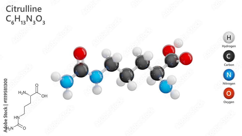 Molecule: Citrulline. Non-essential amino acid. Molecular structure ...