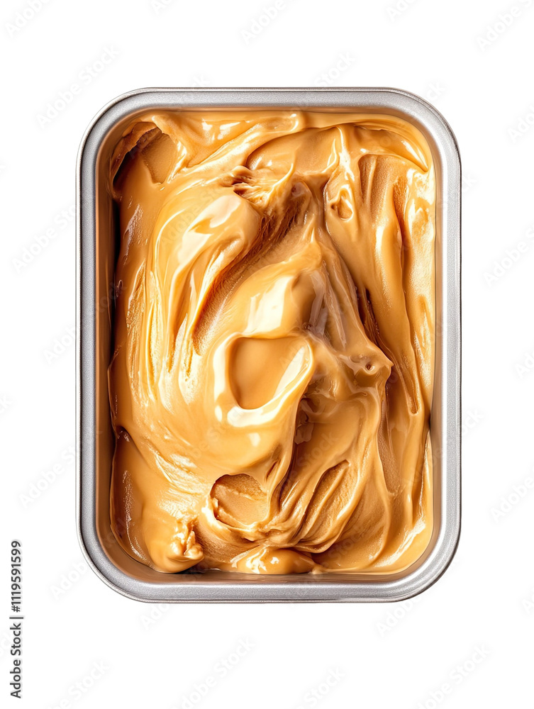 Extreme top view of hyper-realistic caramelized banana gelato ice cream ...