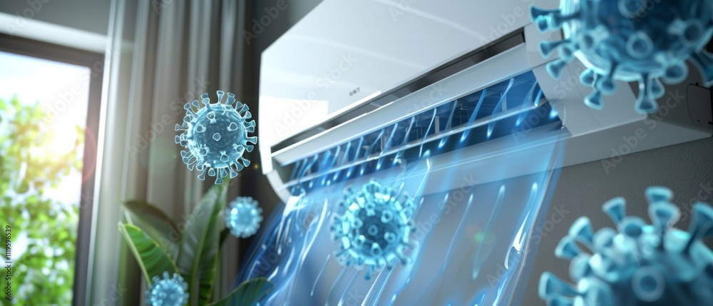 Air conditioning releases blue-tinted air with viral elements in a ...
