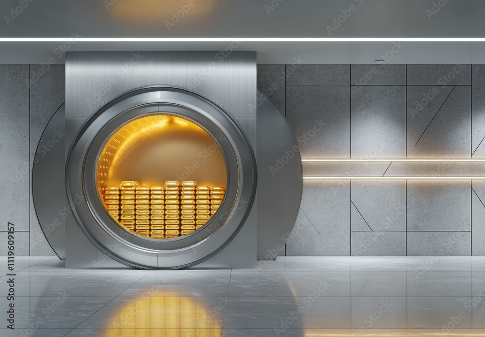 Modern Bank Vault with Golden Bars Inside, Reflective Floor, and Sleek ...