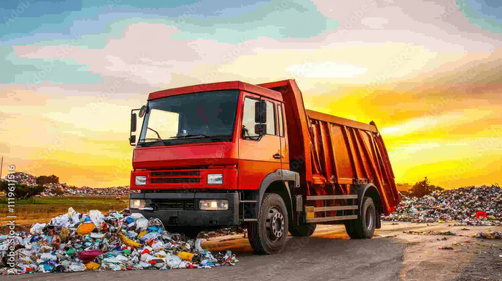 Overconsumption, A red dump truck parked near a pile of garbage under a ...