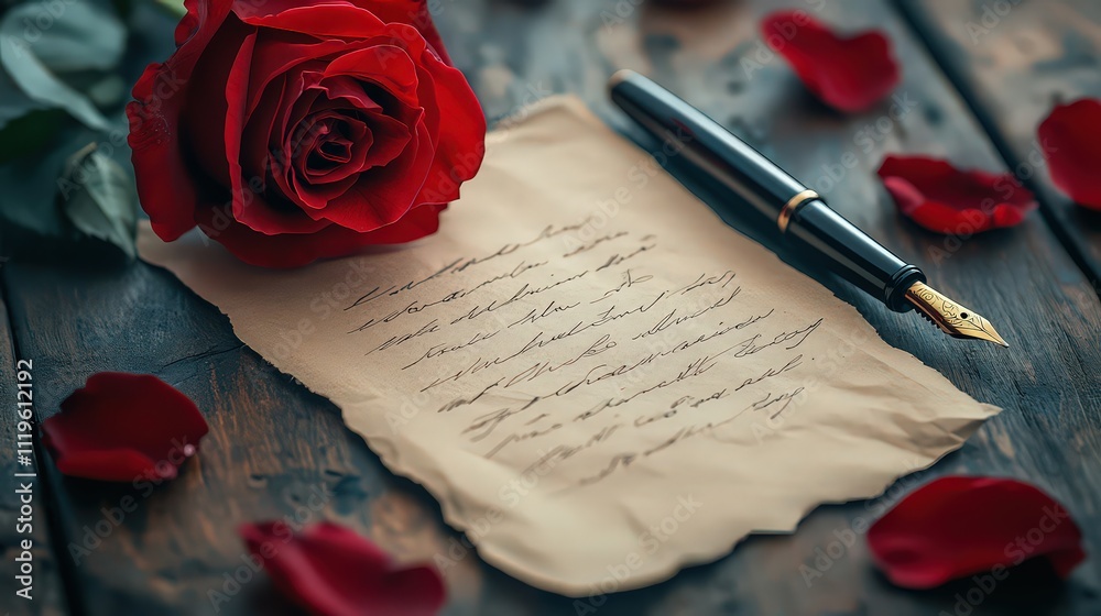 Romantic handwritten letter on textured paper, complemented by a red ...