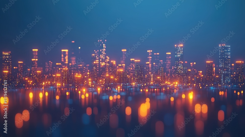 Skyscrapers against a dark sky, windows lit up across the city ...