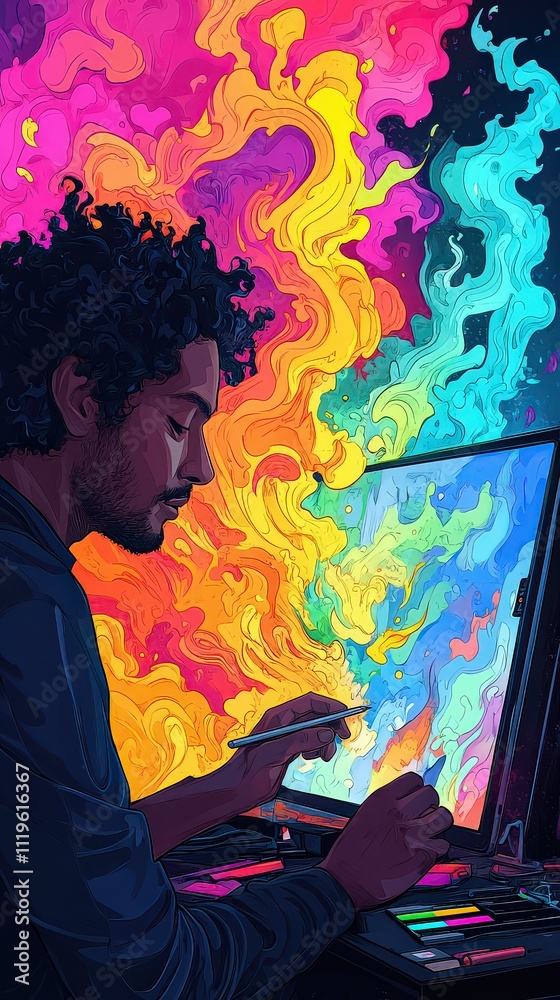 Comic-style illustration of an animator working on a tablet, with ...