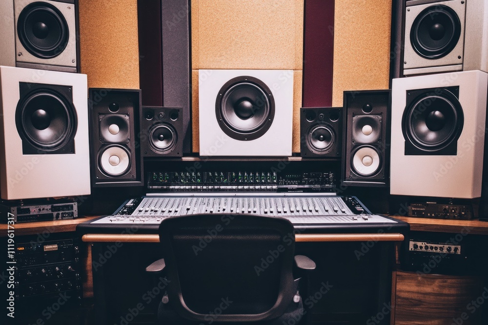 A modern recording studio featuring sound equipment and mixing console ...