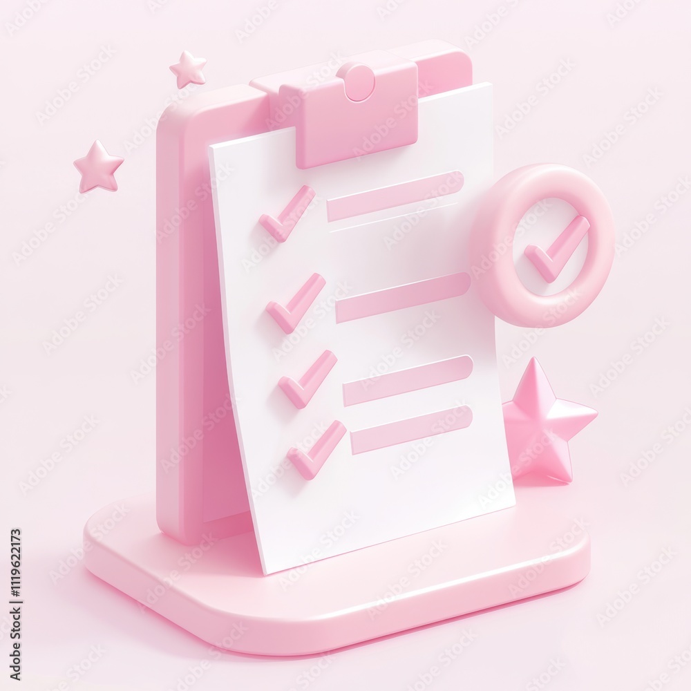 3D icon of a document with checkmarks and stars on it, white background ...