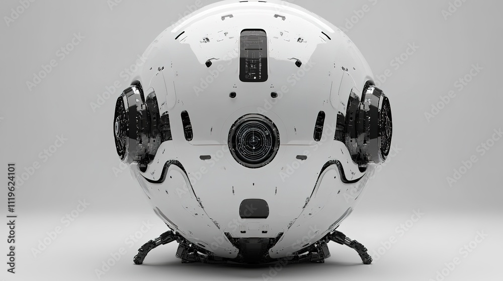 Futuristic robotic sphere with lens and worn texture on light backdrop ...