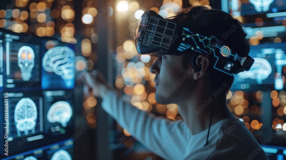 Engineer with EEG headset on programming brain transfer into computer ...