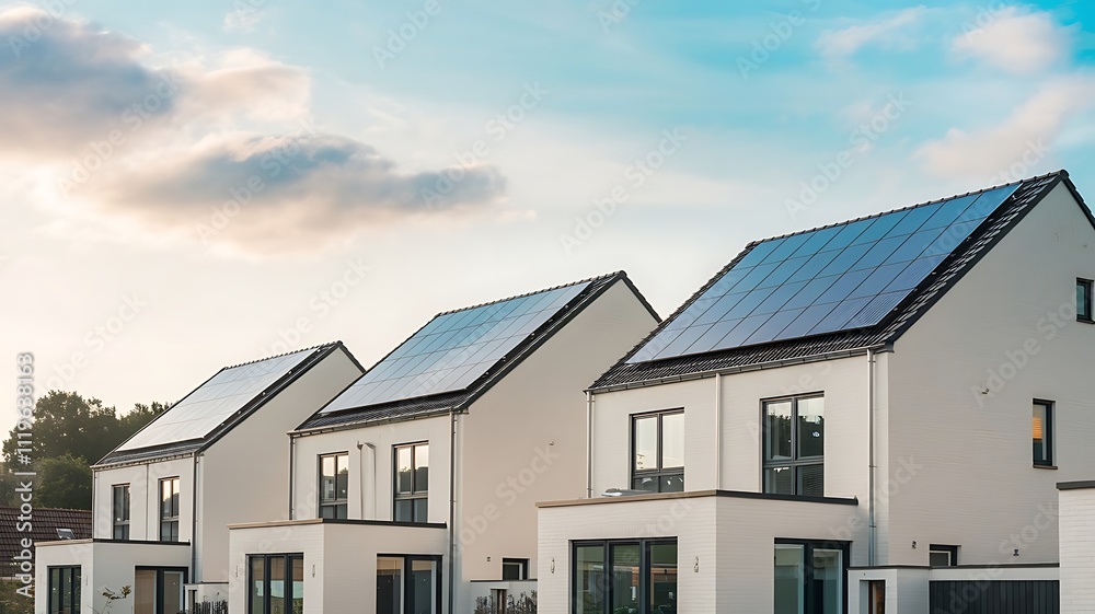Solar panels on the gable roof of a modern house, House standard white ...