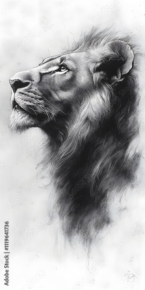 Graphite pencil drawing of lion’s face in side view, majestic ...