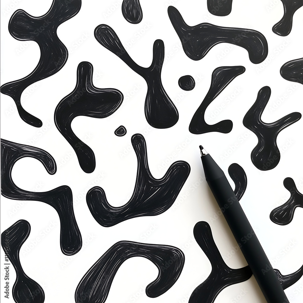 random black blob shapes on white paper 2d line art crisp edges Stock ...