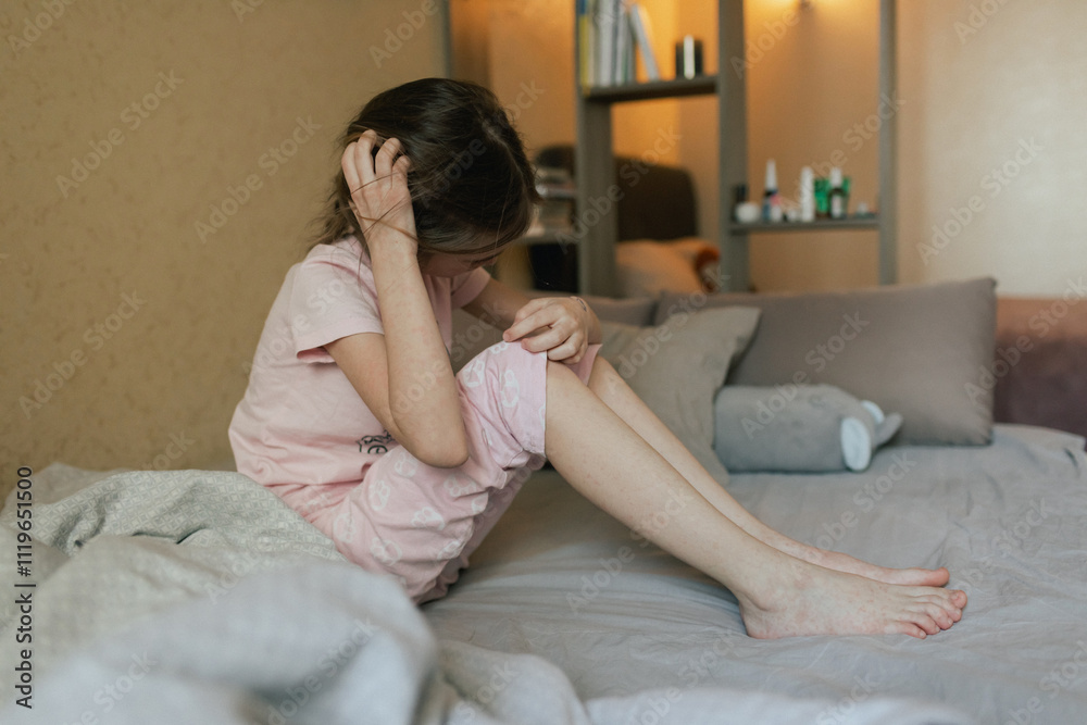 Stock-Foto „Close up of sick child with skin rashes is scratching from ...