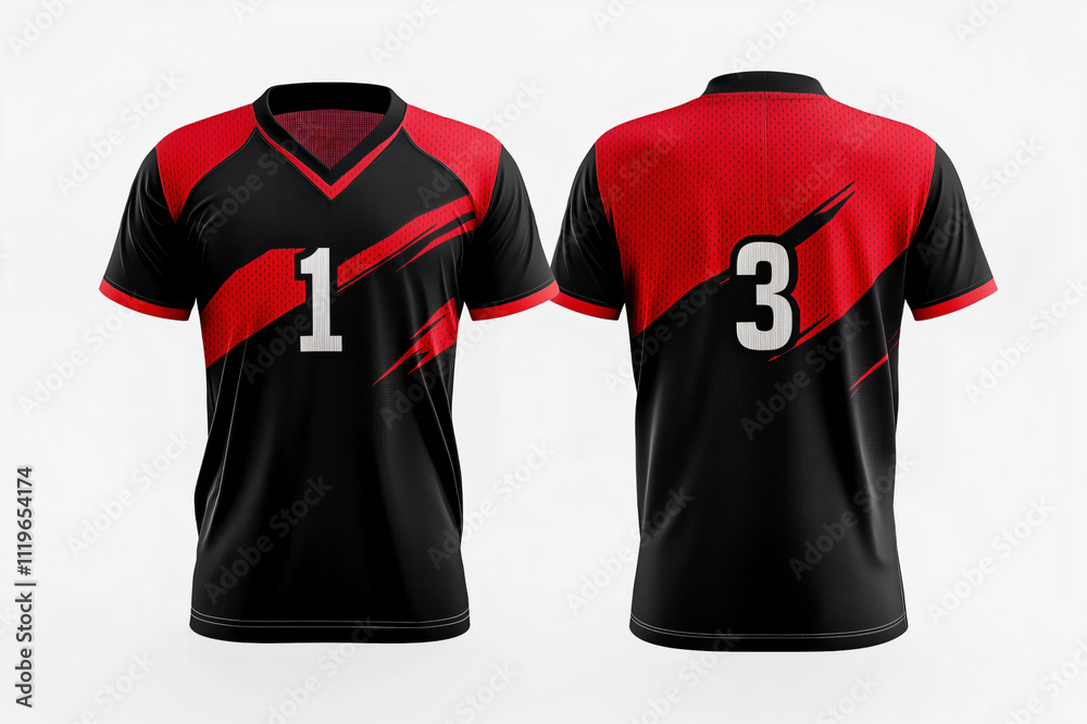 Black and red sports jersey with short sleeves and v neck, showing ...