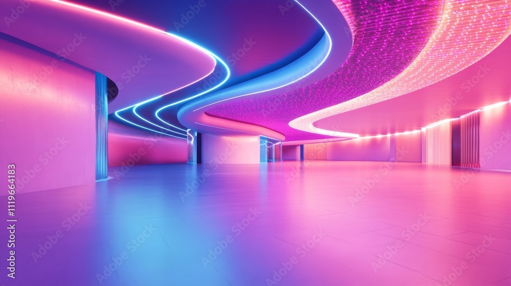 Futuristic neon pink and blue corridor with LED and laser effects in an ...