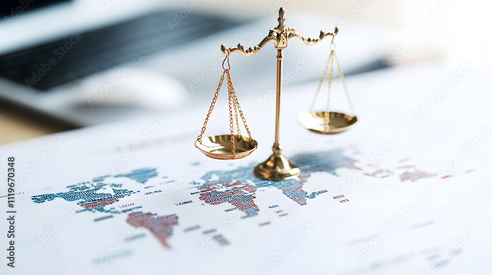 Scales of justice placed over a world map with colorful stock market ...