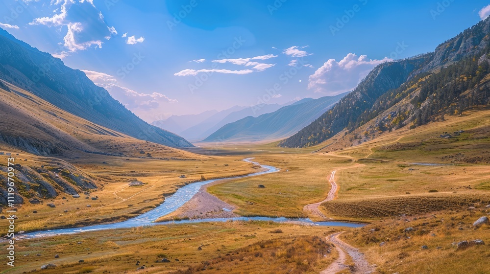 High-end photography of a beautiful valley with a meandering river and ...