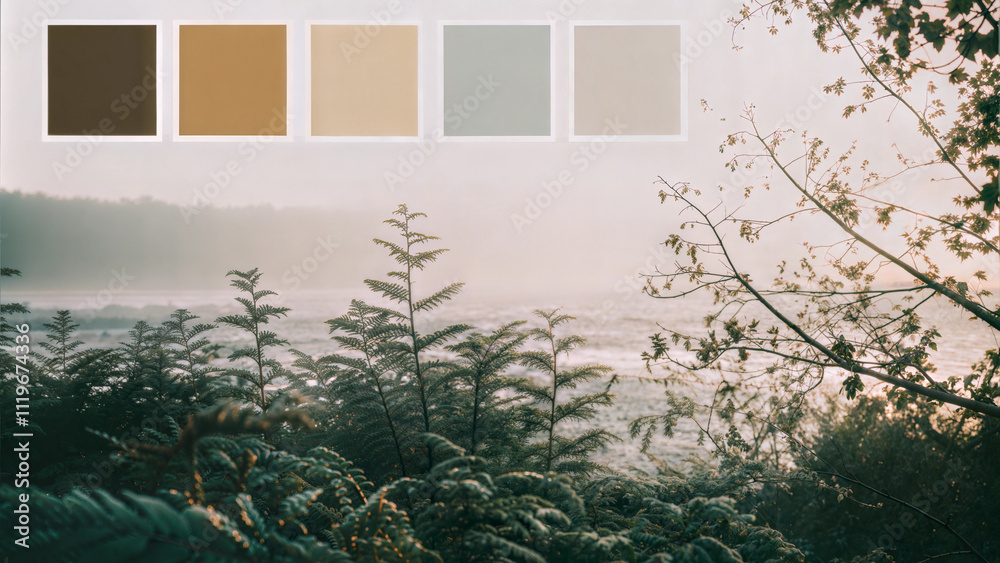 Nature-inspired color palette with a serene landscape for a calming ...