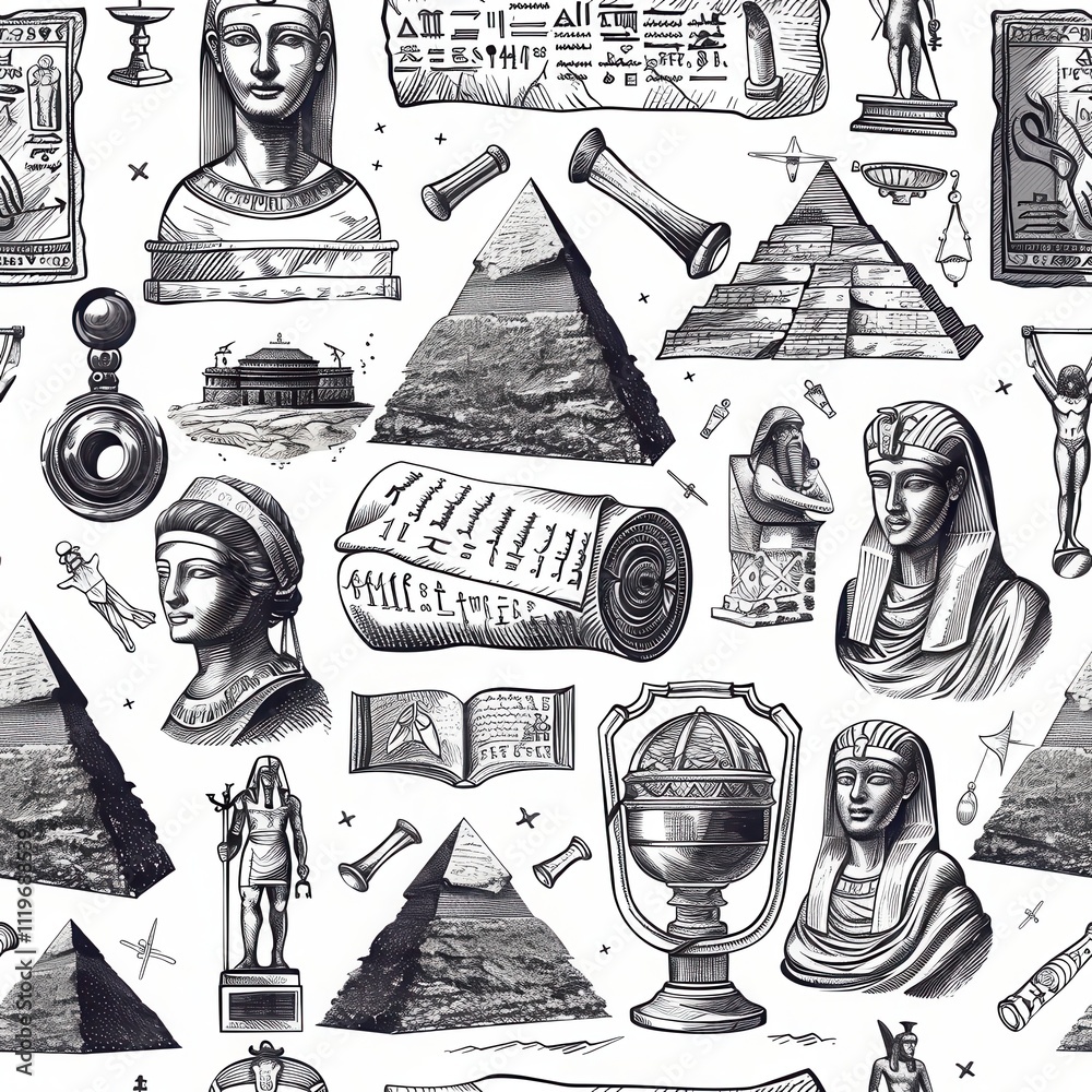 Ancient Egyptian symbols and motifs featuring pyramids, deities, and ...