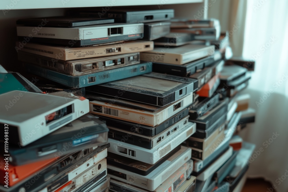 Nostalgic collection of old VHS tapes, stacked in a home setting ...