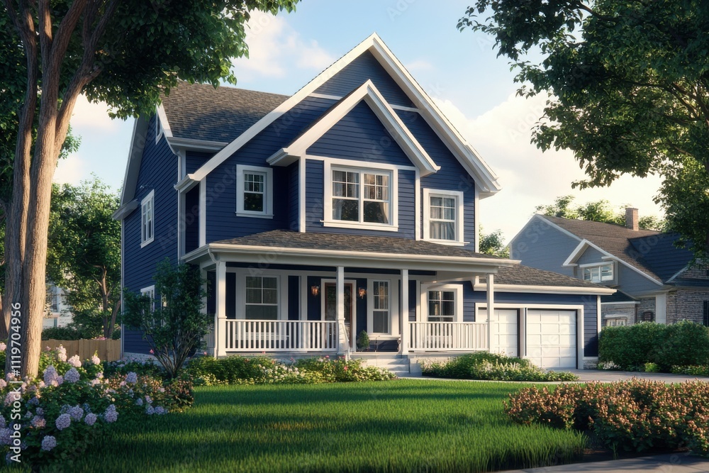 Two-story suburban house navy blue siding white trim front porch with ...