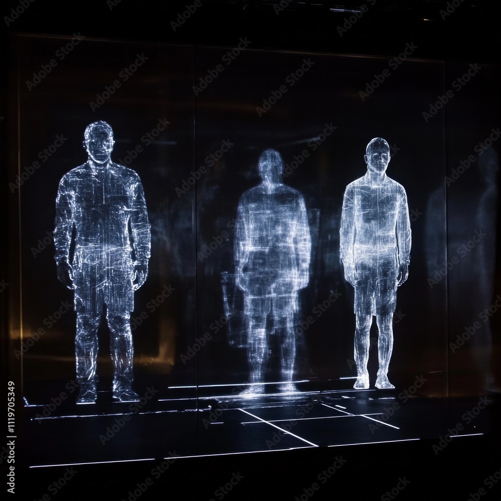 Futuristic hologram projection of three human figures with digital grid background Stock Photo ...