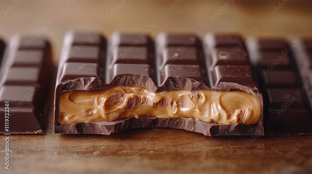 Dark chocolate bar with creamy caramel filling sliced open on a wooden ...