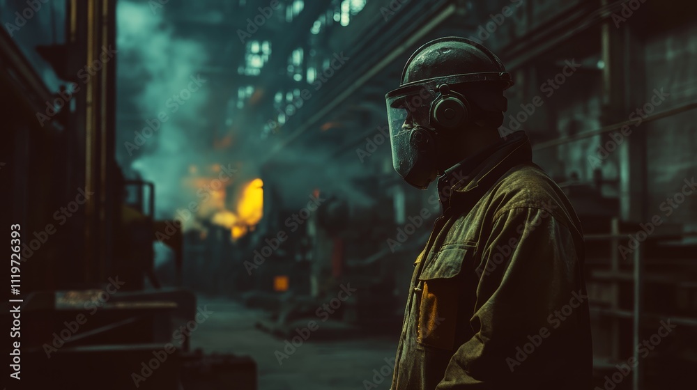 Foundry operator wearing personal protective equipment, working in a ...